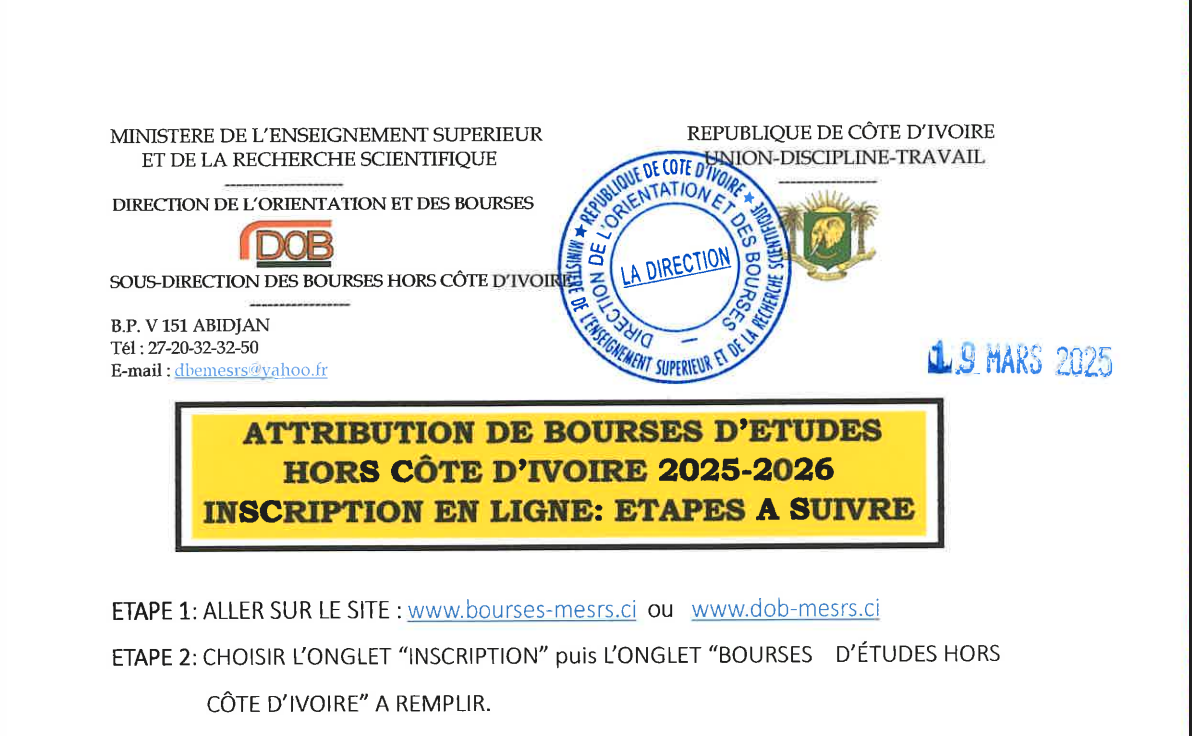 Comment postuler pour l'attribution de Bourses d’Études Hors CI 2025